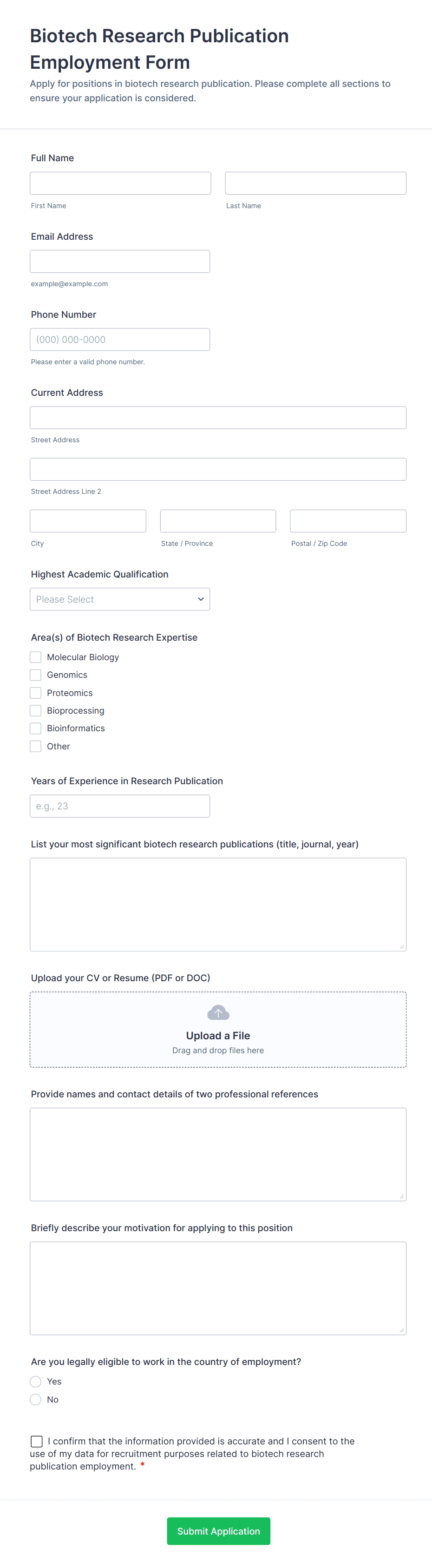Biotech Research Publication Employment Form Template | Jotform