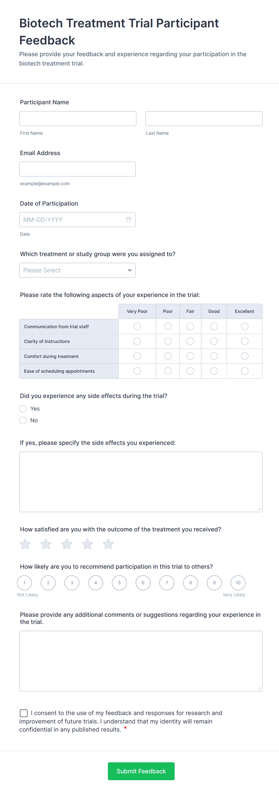 Biotech Treatment Trial Participant Feedback Form Template | Jotform