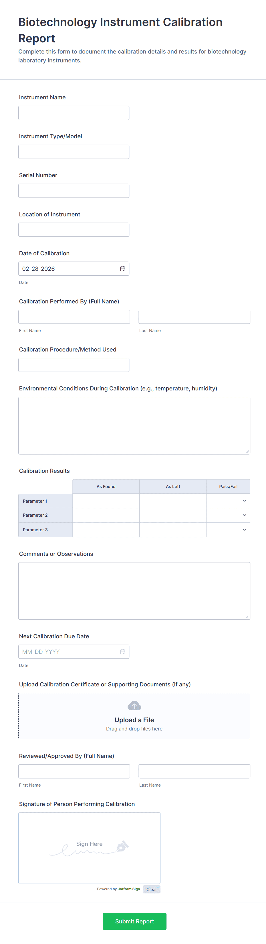 Biotechnology Instrument Calibration Report Form Template | Jotform