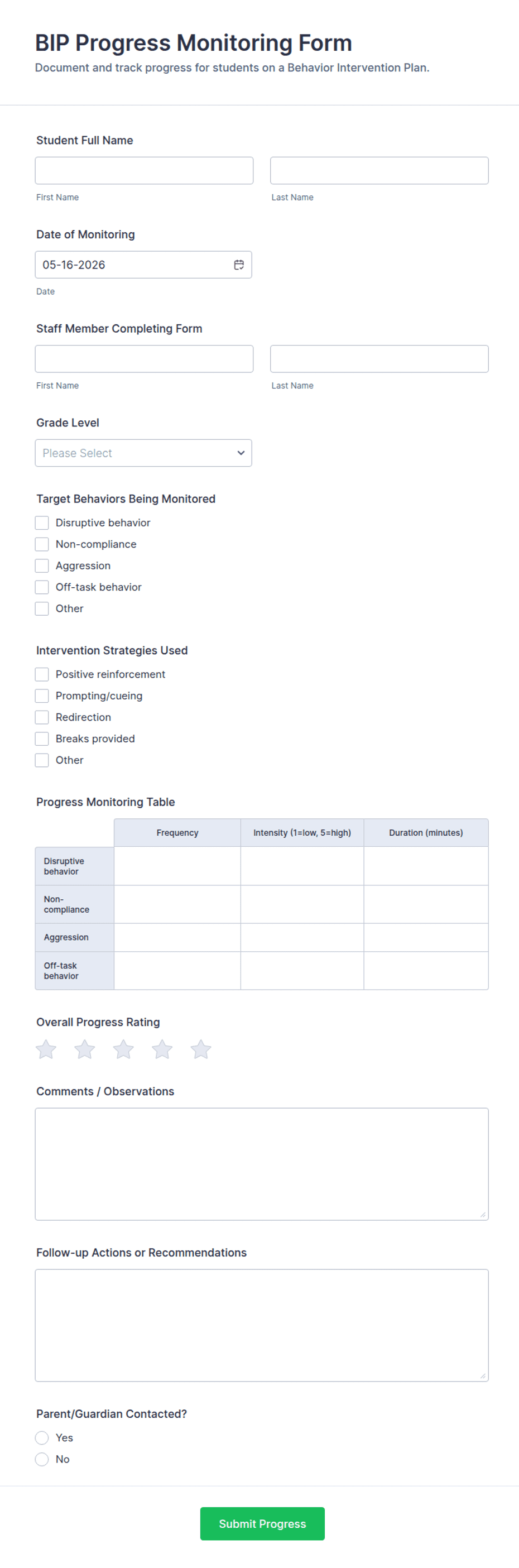 BIP Progress Monitoring Form Template | Jotform