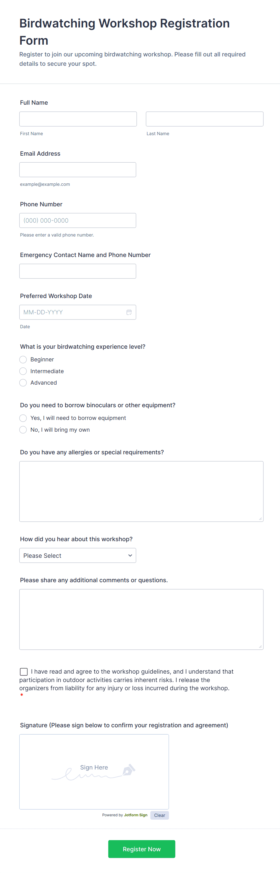 Birdwatching Workshop Registration Form Template | Jotform