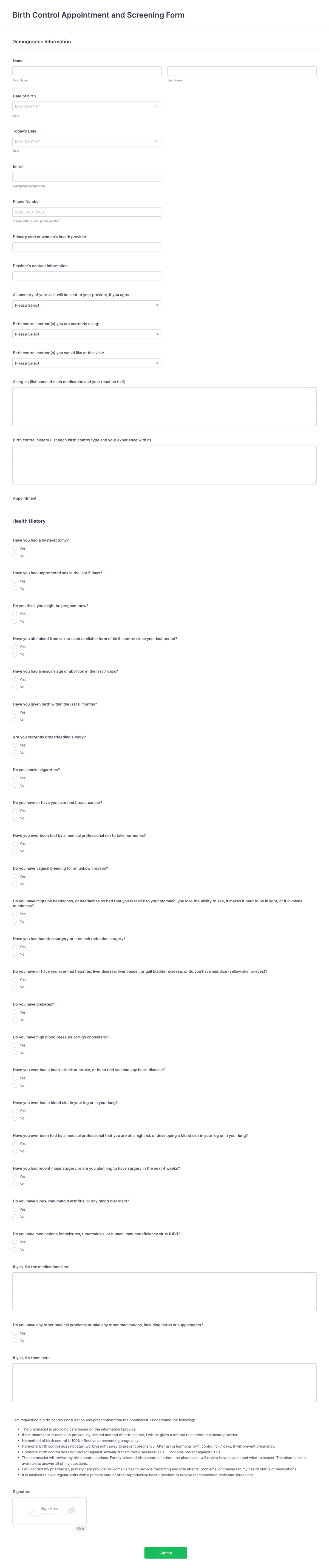 Birth Control Appointment and Screening Form Template | Jotform