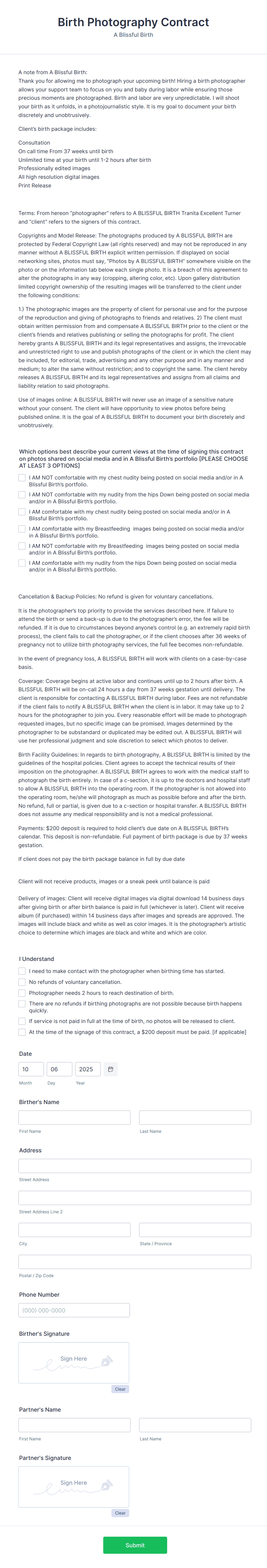 Birth Photography Contract Form Template | Jotform