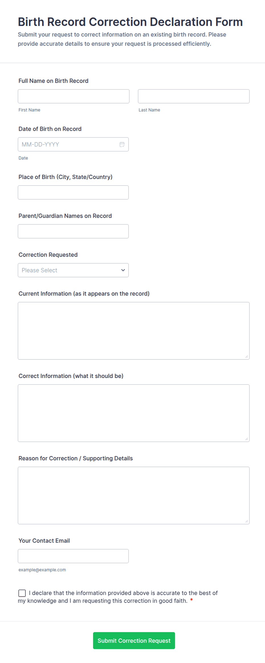 Birth Record Correction Declaration Form Template | Jotform