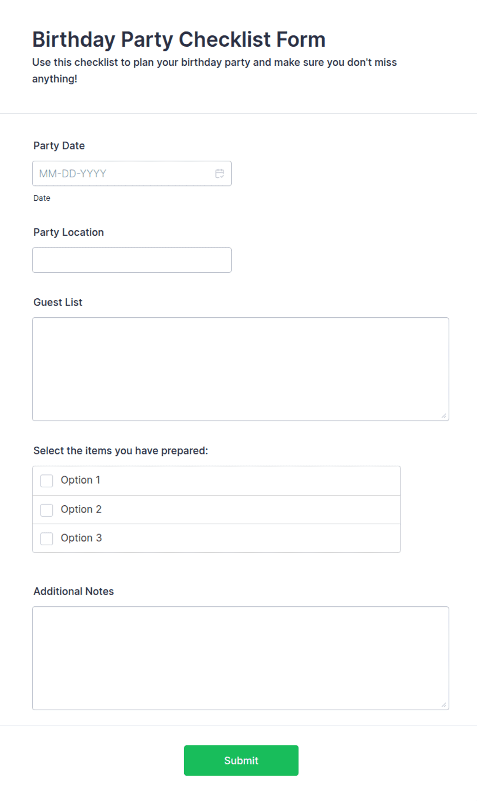 Birthday Party Checklist Form Template | Jotform
