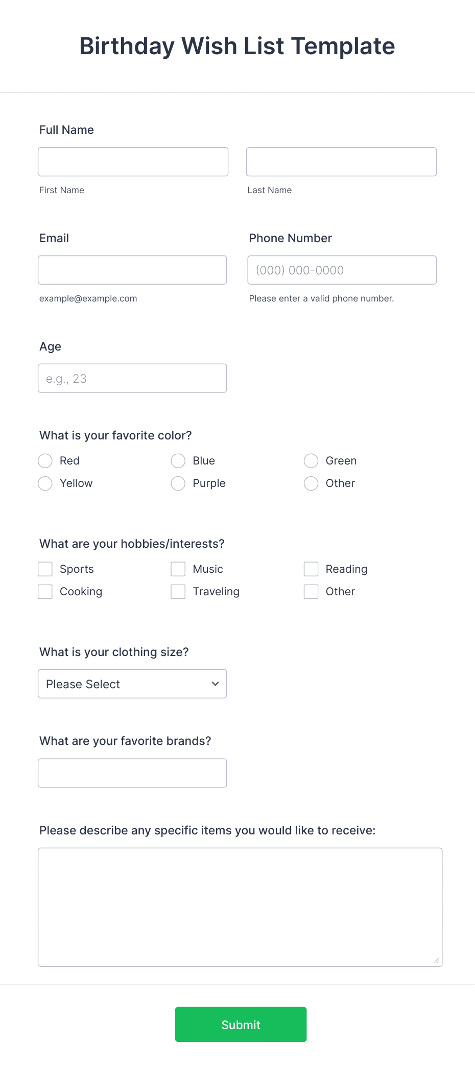 Birthday Wish List Template Form Template | Jotform