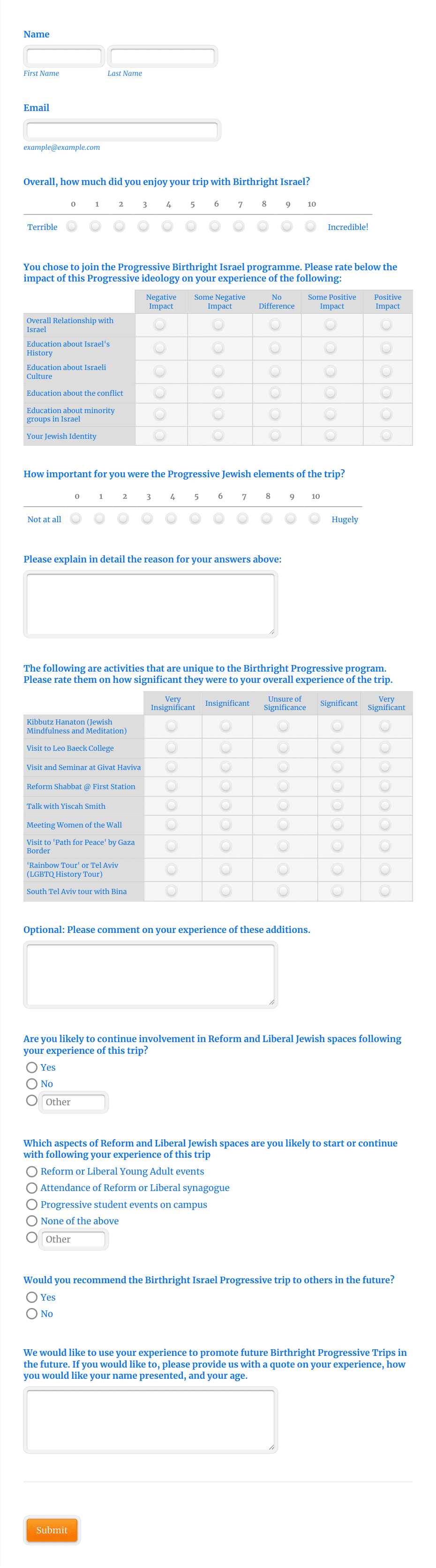 Birthright Progressive (5779) - Feedback + Evaluation Form Template | Jotform