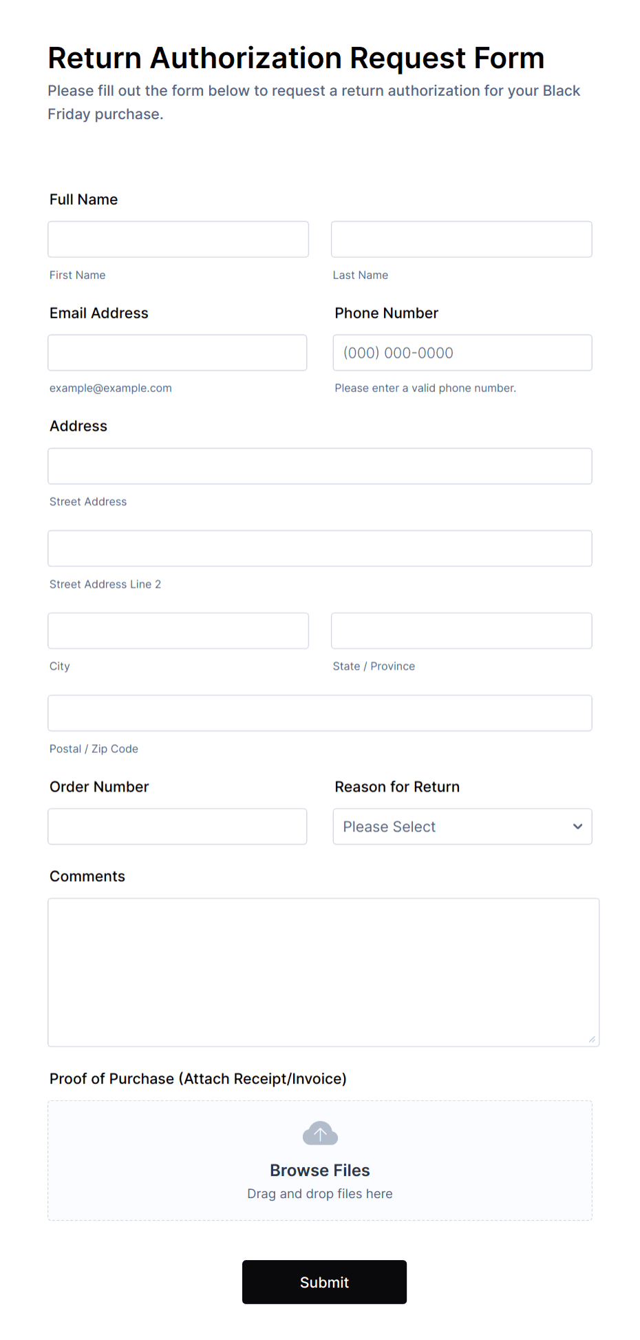 Black Friday Return Authorization Request Form Template | Jotform