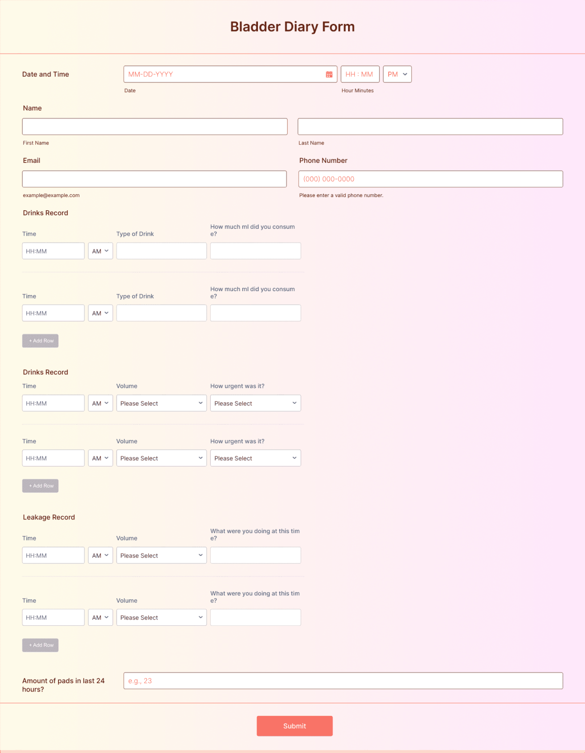 Bladder Diary Form Template | Jotform