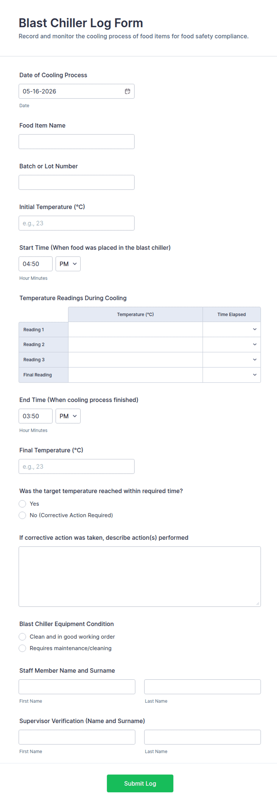 Blast Chiller Log Form Template | Jotform