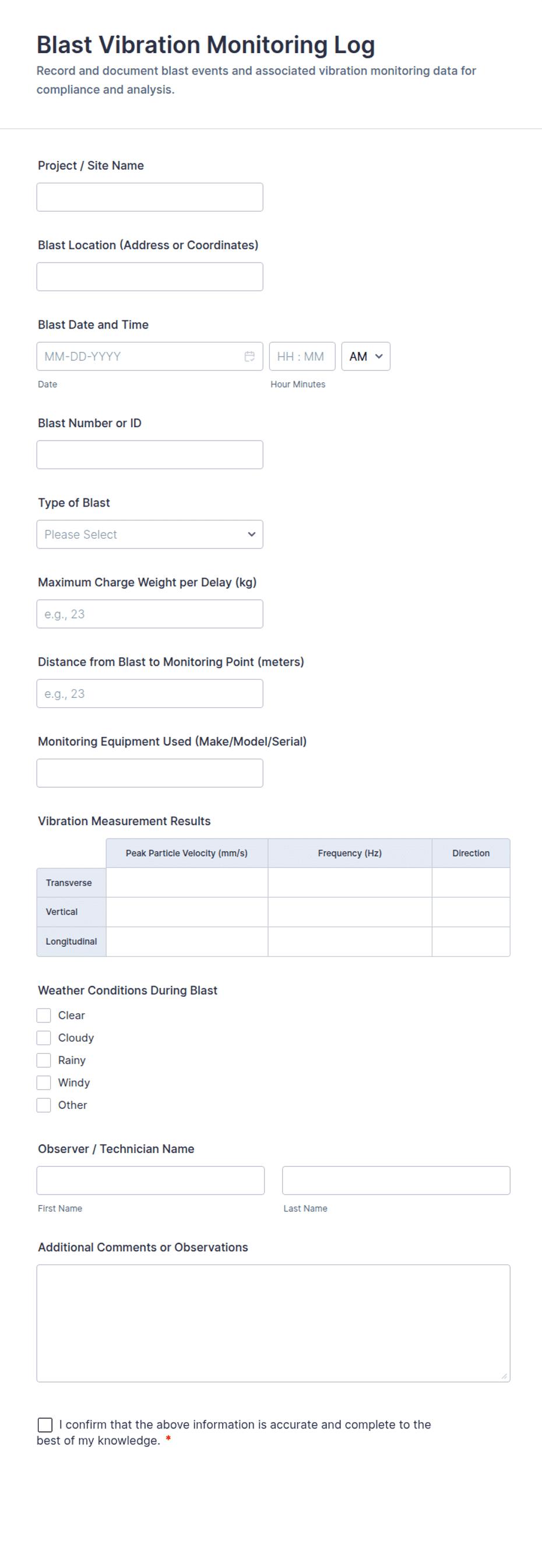 Blast Vibration Monitoring Log Form Template | Jotform