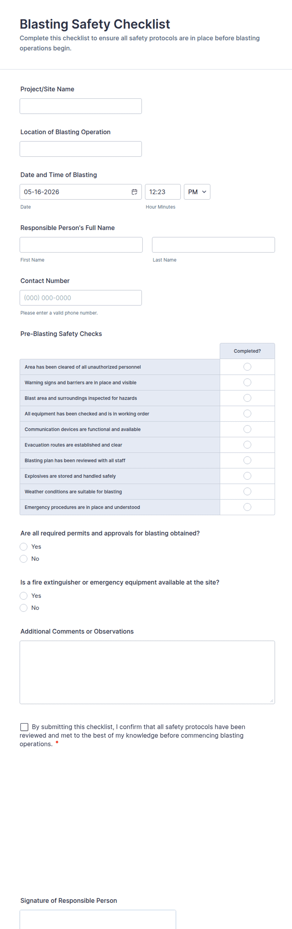 Blasting Safety Checklist Form Template | Jotform