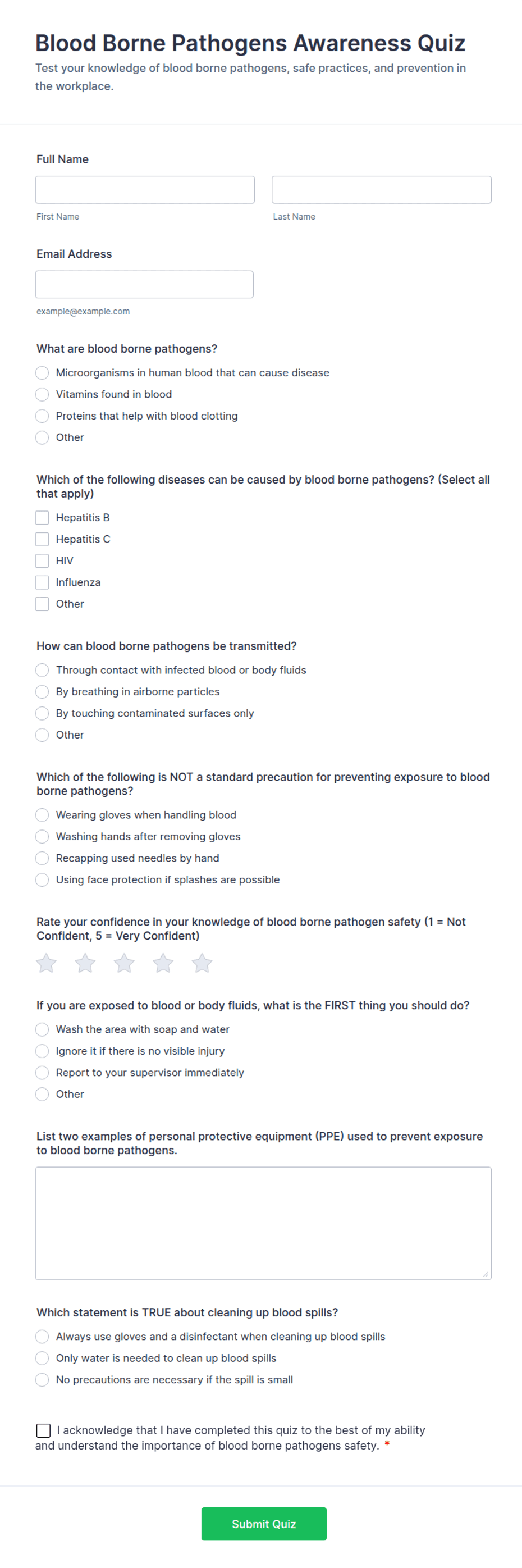 Blood Borne Pathogens Awareness Quiz Form Template | Jotform