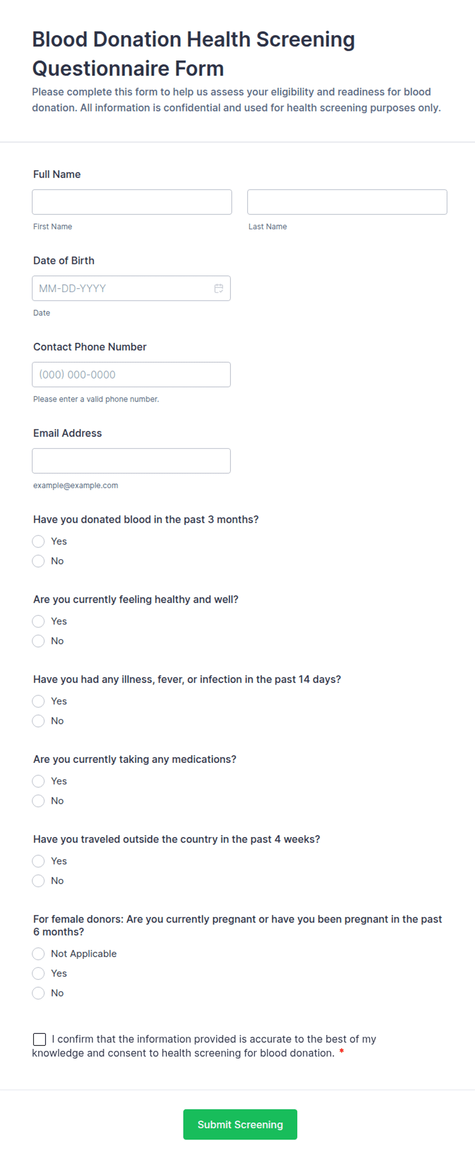 Blood Donation Health Screening Questionnaire Form Template | Jotform