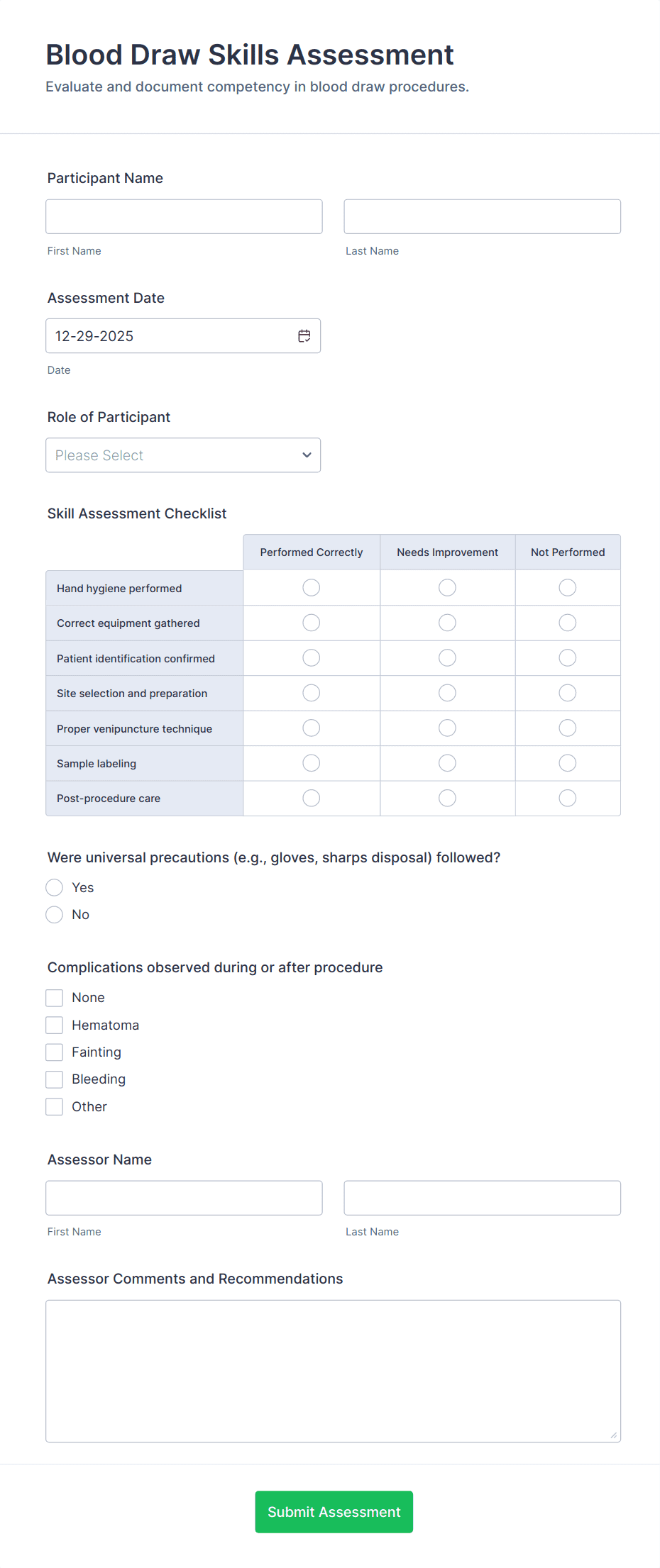Blood Draw Skills Assessment Form Template | Jotform