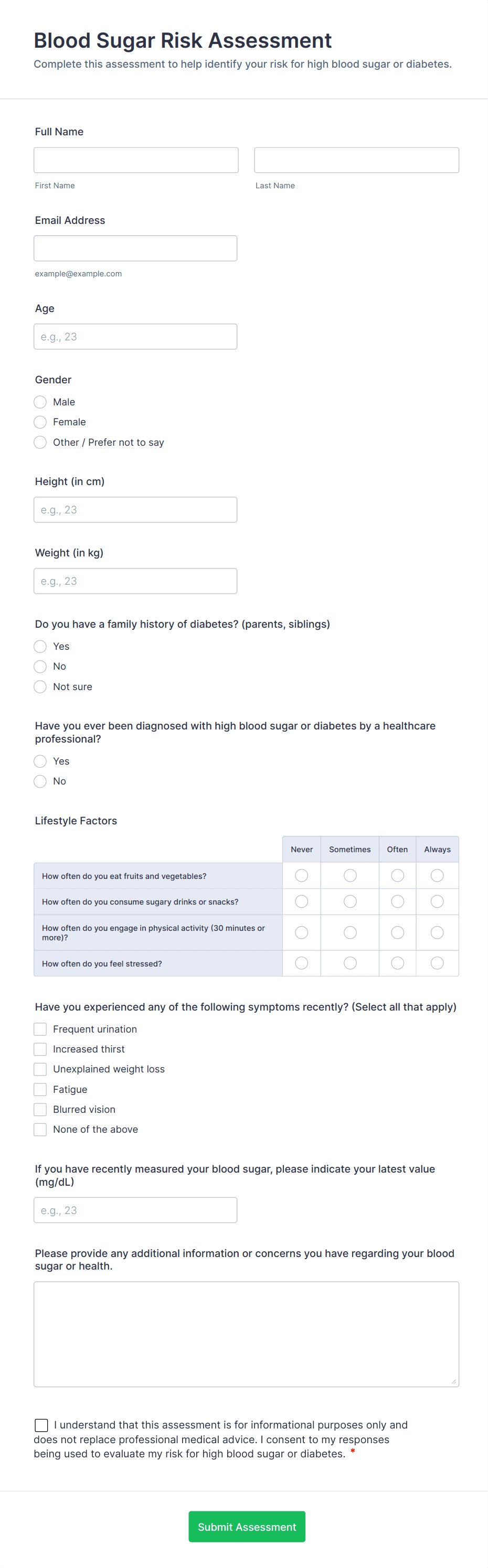 Blood Sugar Risk Assessment Form Template | Jotform