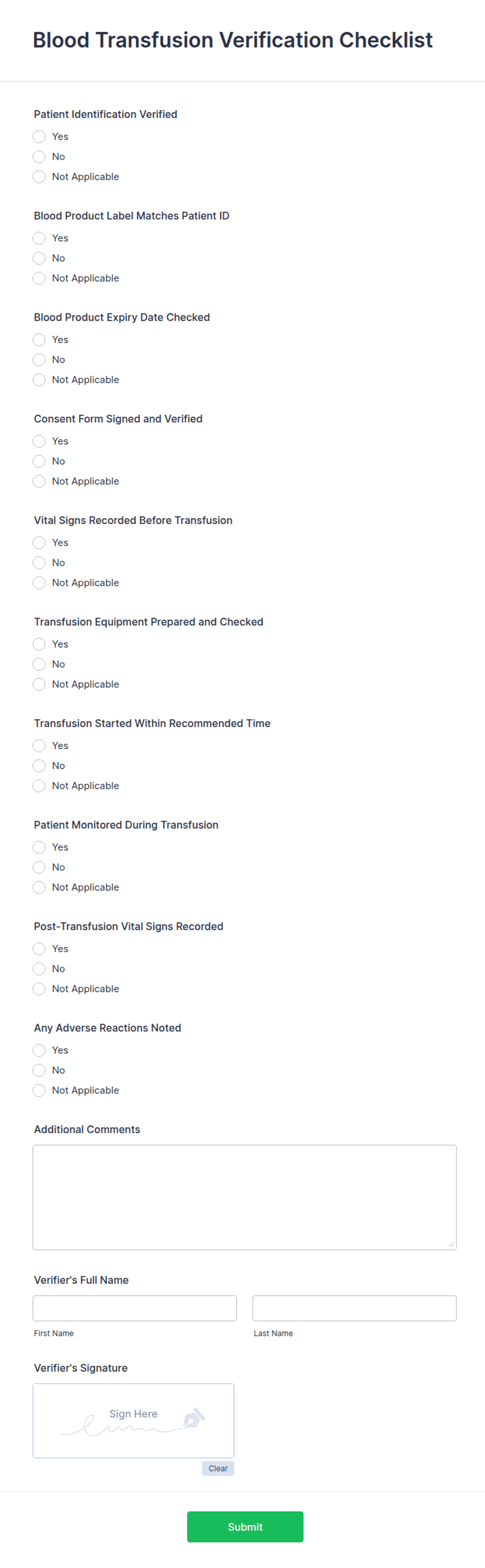 Blood Transfusion Verification Checklist Form Template | Jotform
