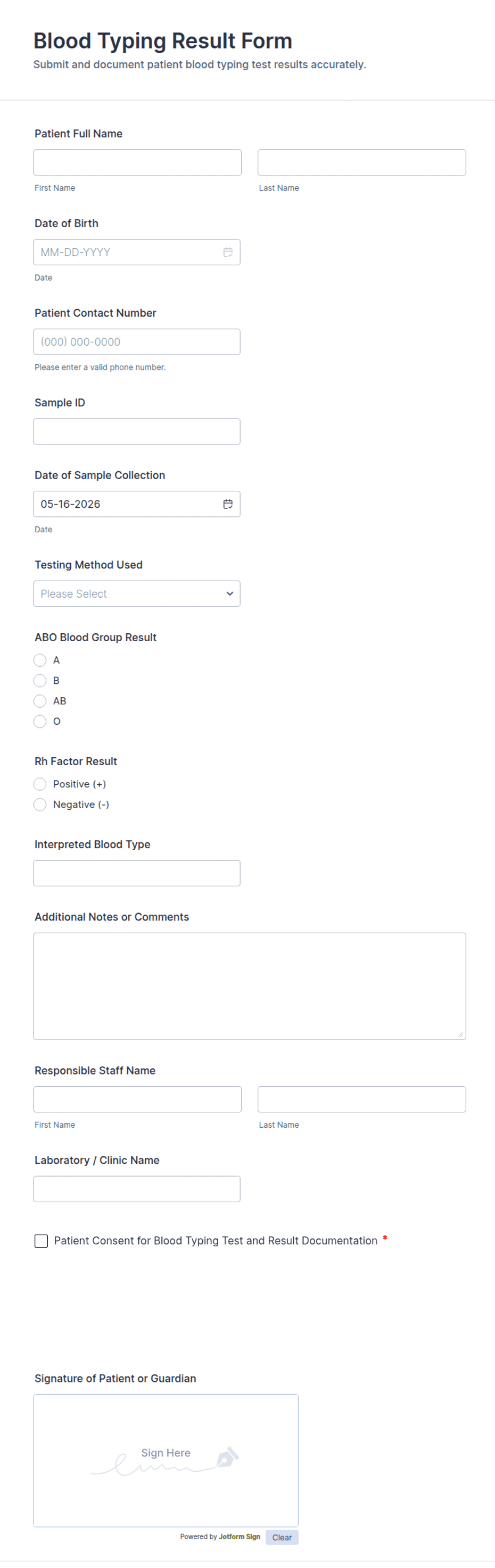 Blood Typing Result Form Template | Jotform