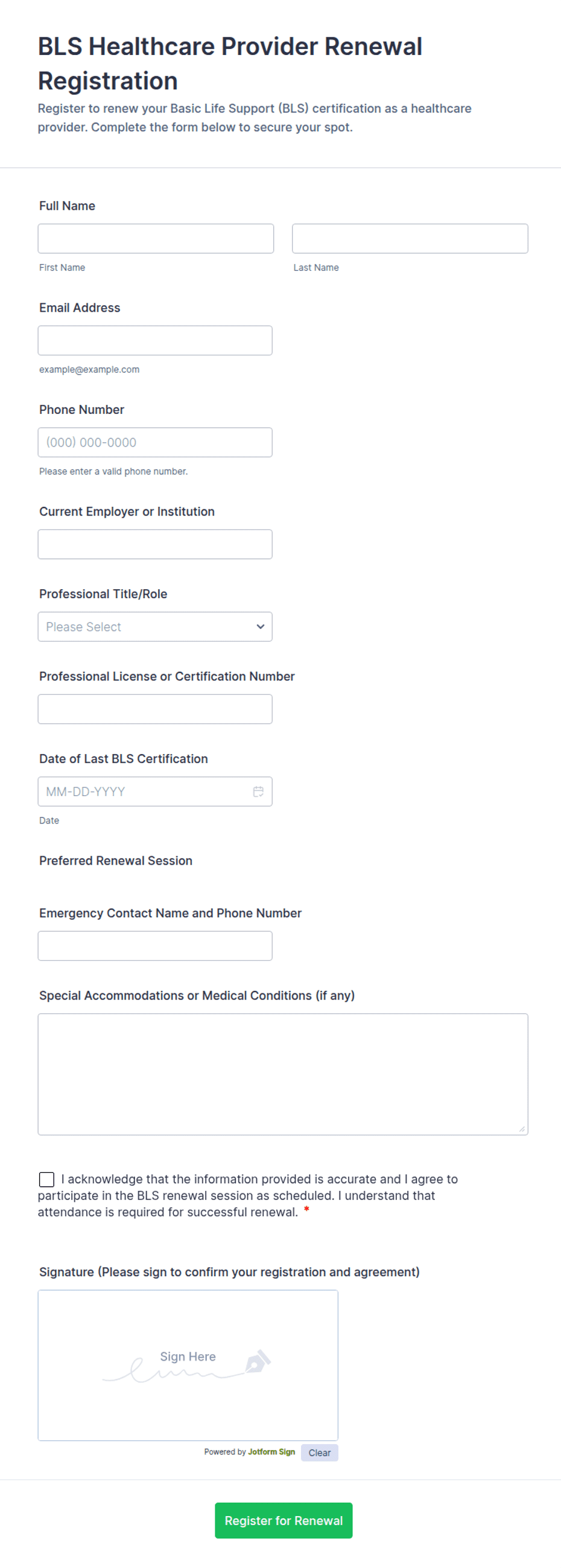 BLS Healthcare Provider Renewal Registration Form Template | Jotform