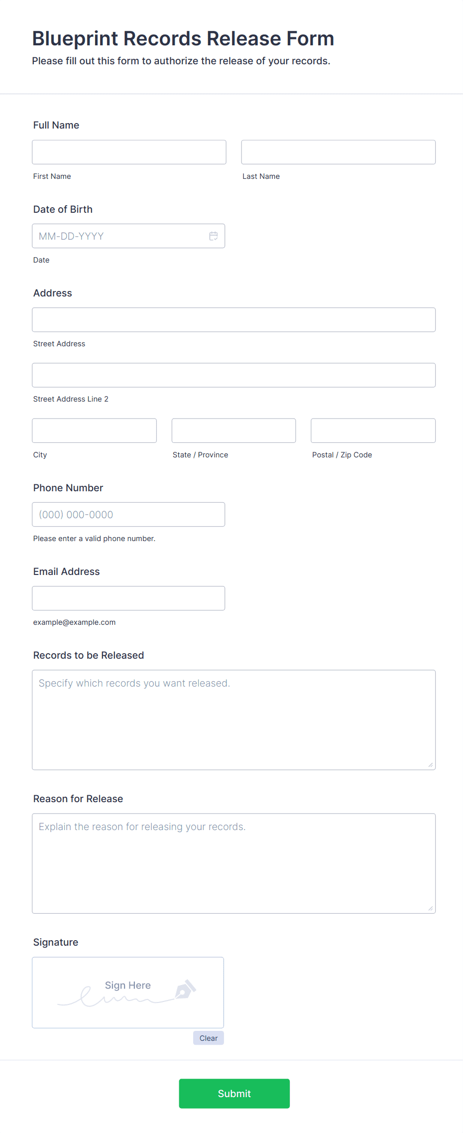 Blueprint Records Release Form Template | Jotform