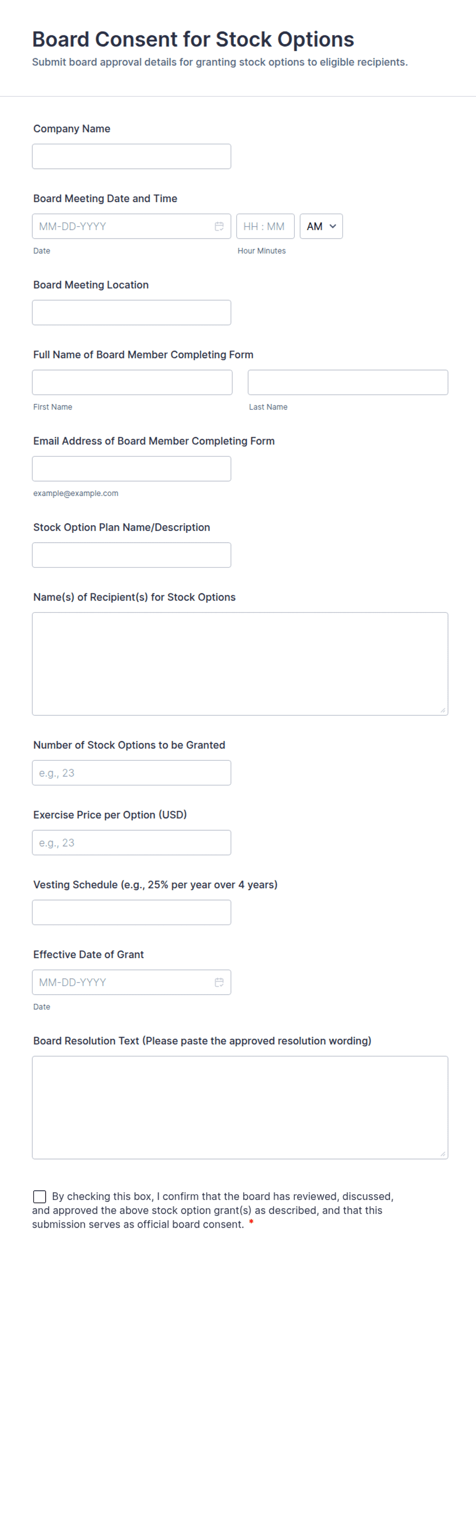 Board Consent for Stock Options Form Template | Jotform