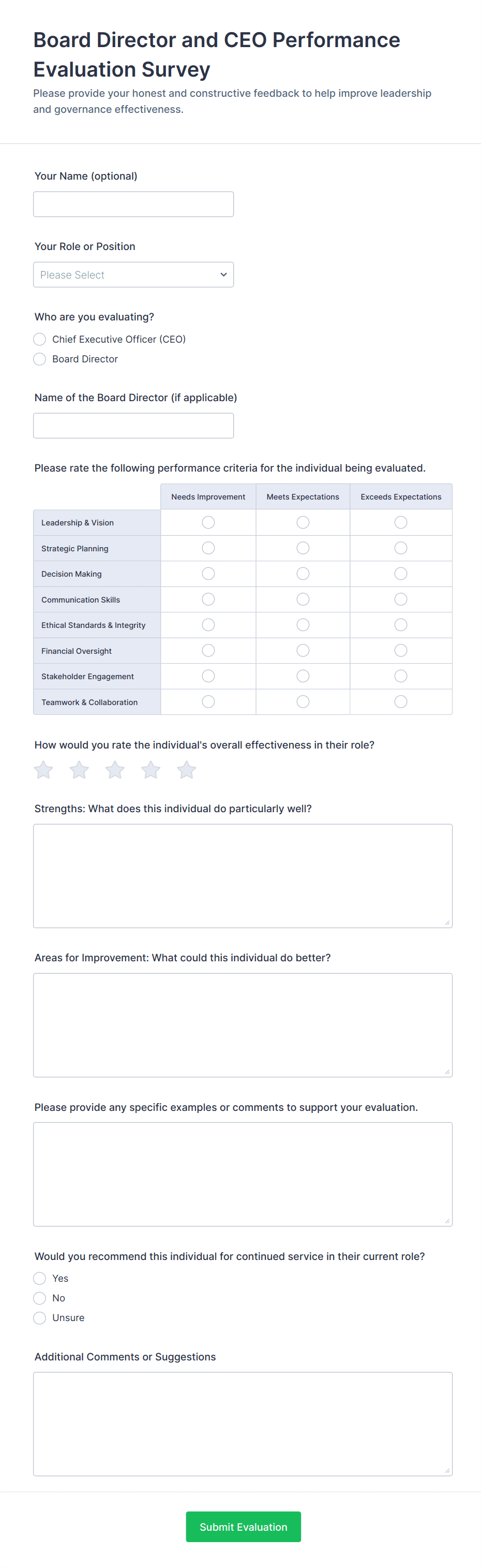 Board Director and CEO Performance Evaluation Survey Form Template | Jotform