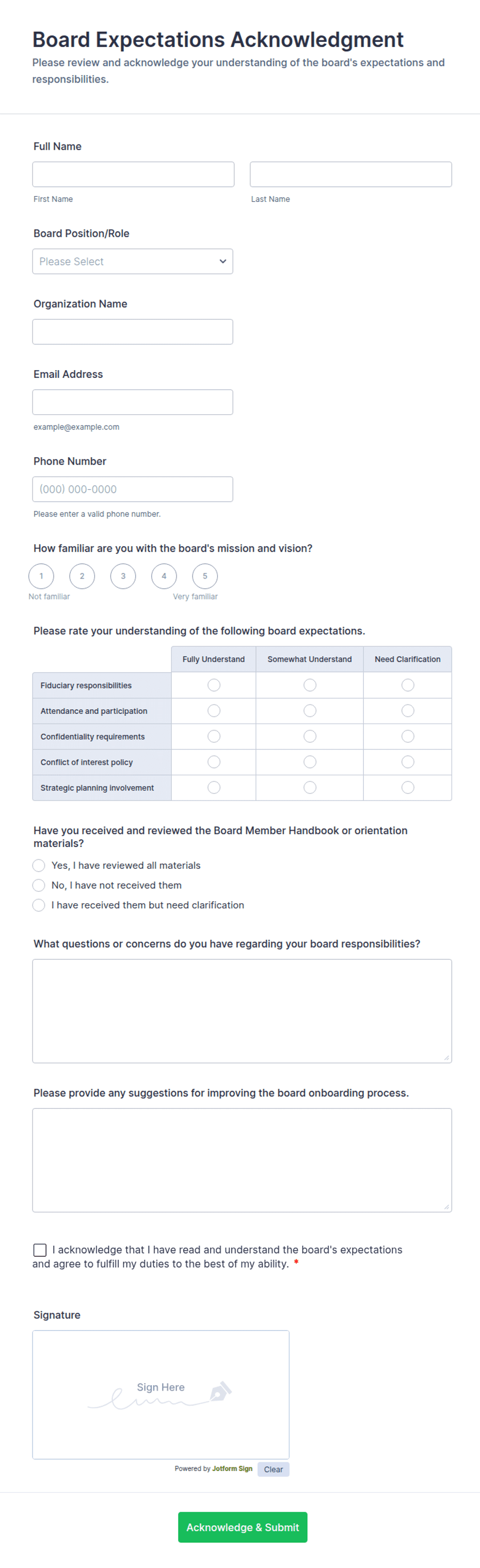 Board Expectations Acknowledgment Form Template | Jotform