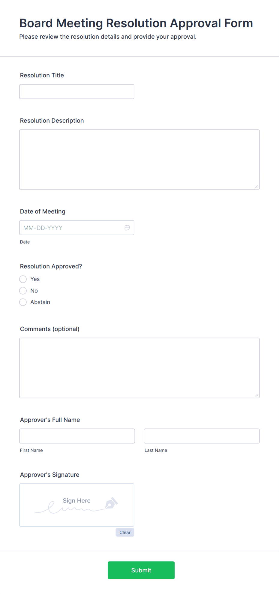 Board Meeting Resolution Approval Form Template | Jotform