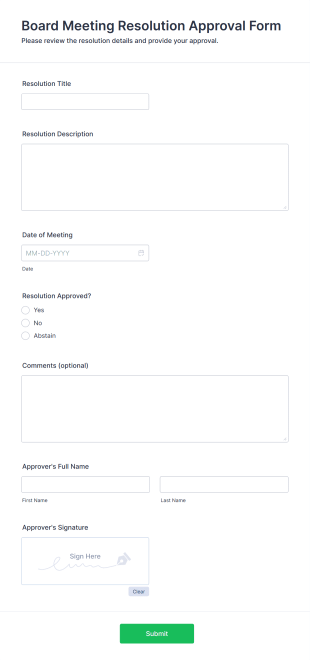 Board Meeting Resolution Approval Form Template | Jotform