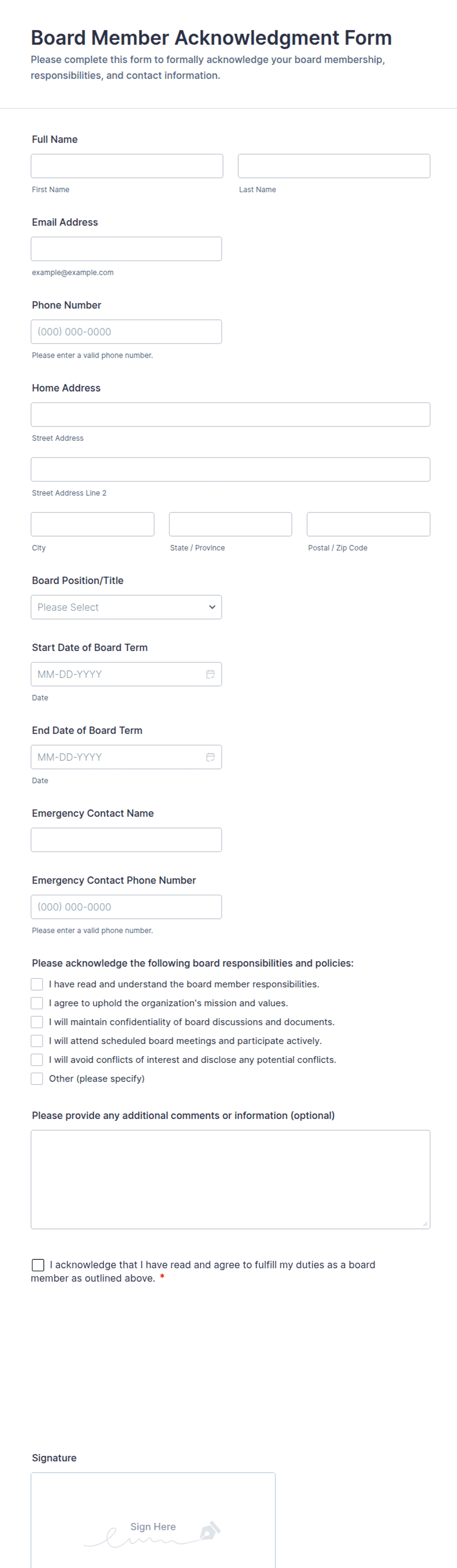 Board Member Acknowledgment Form Template | Jotform