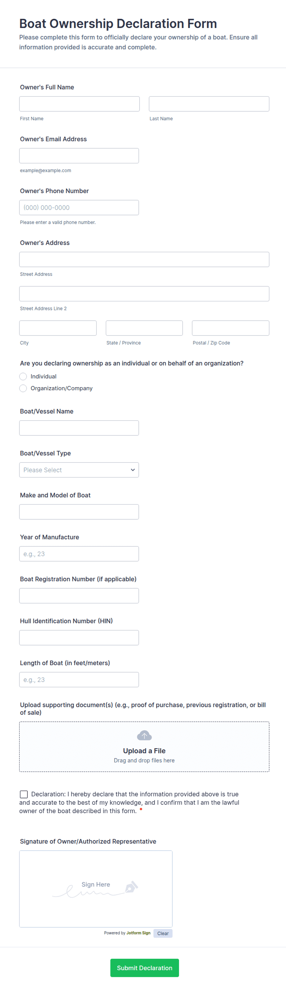 Boat Ownership Declaration Form Template | Jotform