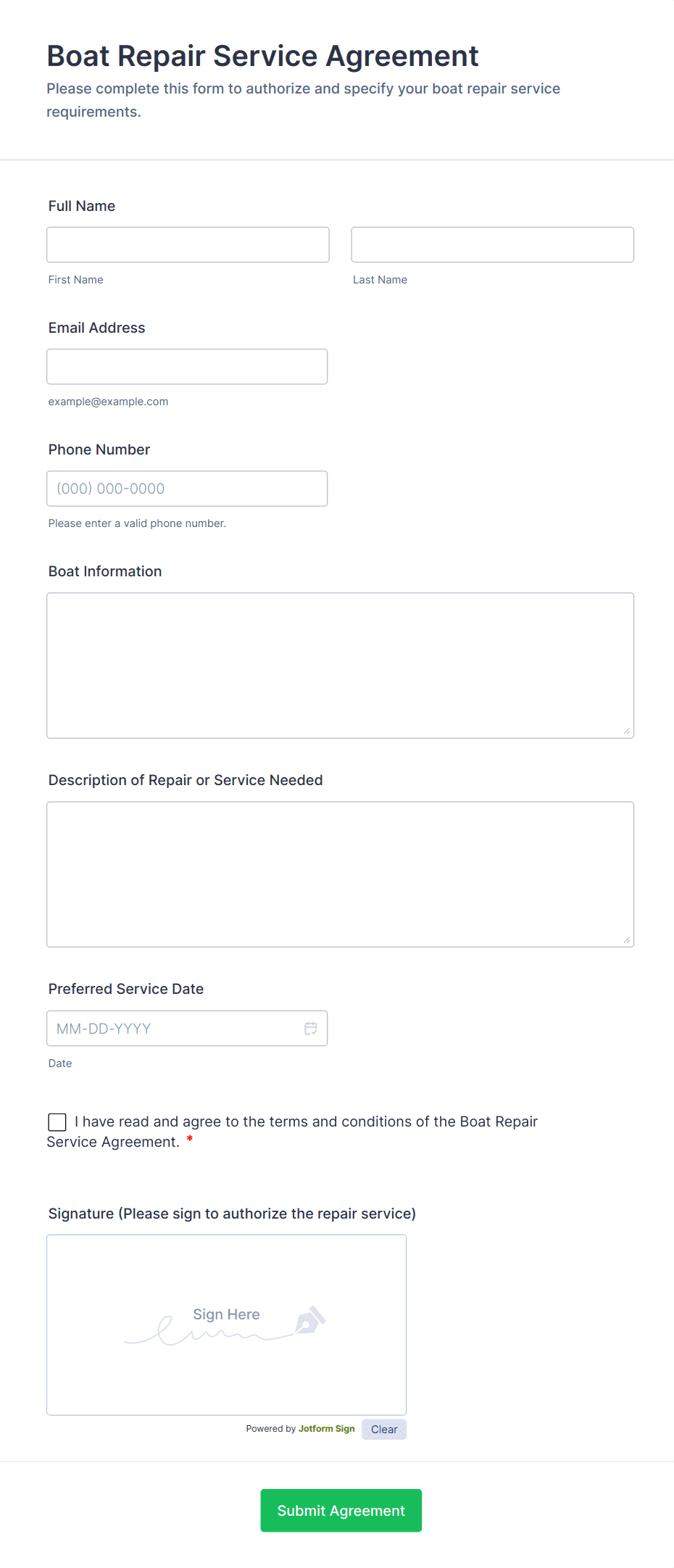 Boat Repair Service Agreement Form Template | Jotform