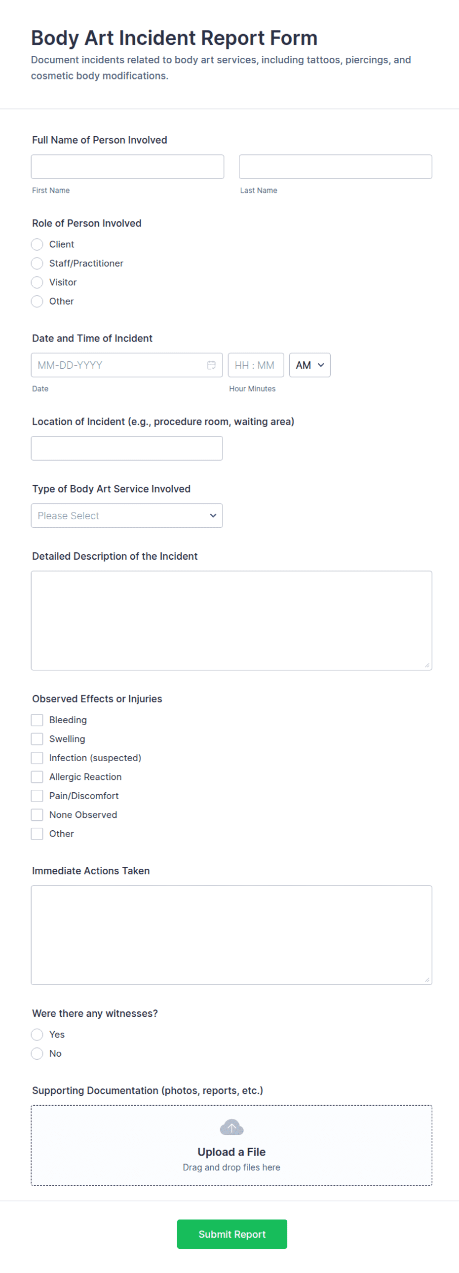 Body Art Incident Report Form Template | Jotform