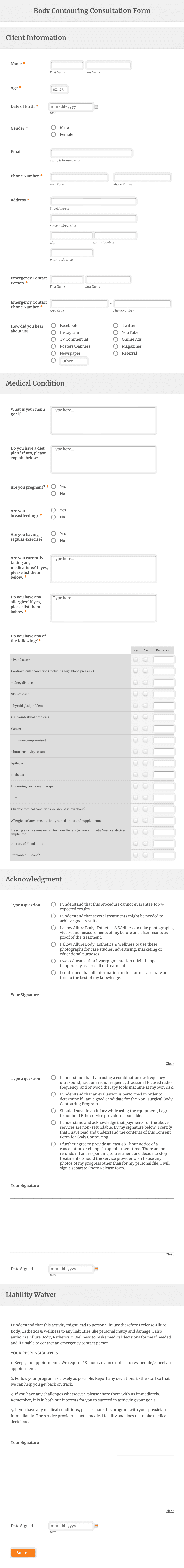 Body Contouring Consultation Form Template | Jotform