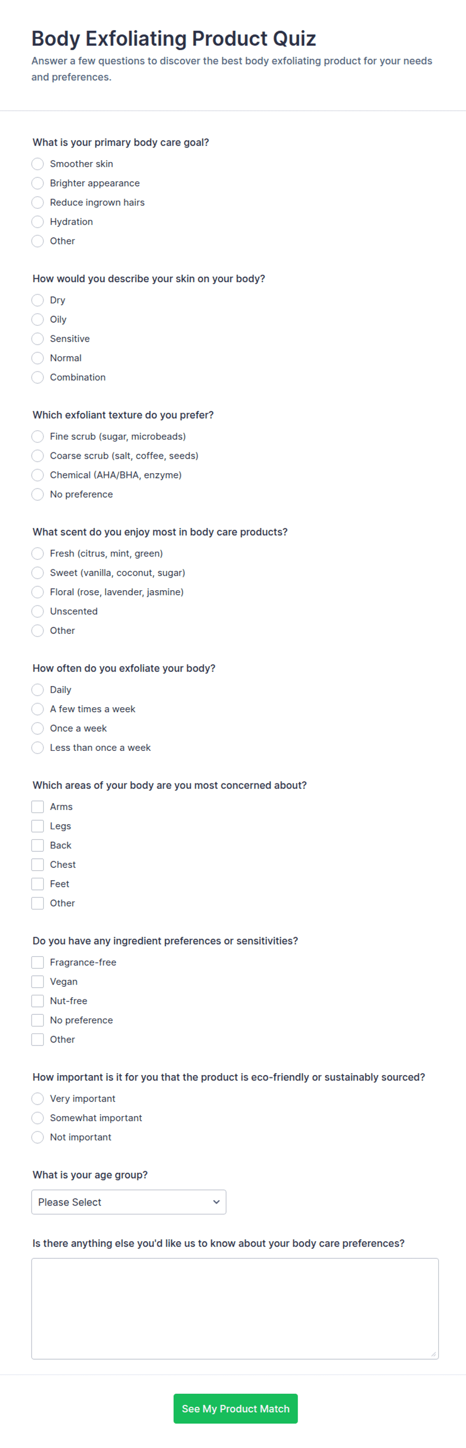 Body Exfoliating Product Quiz Form Template | Jotform