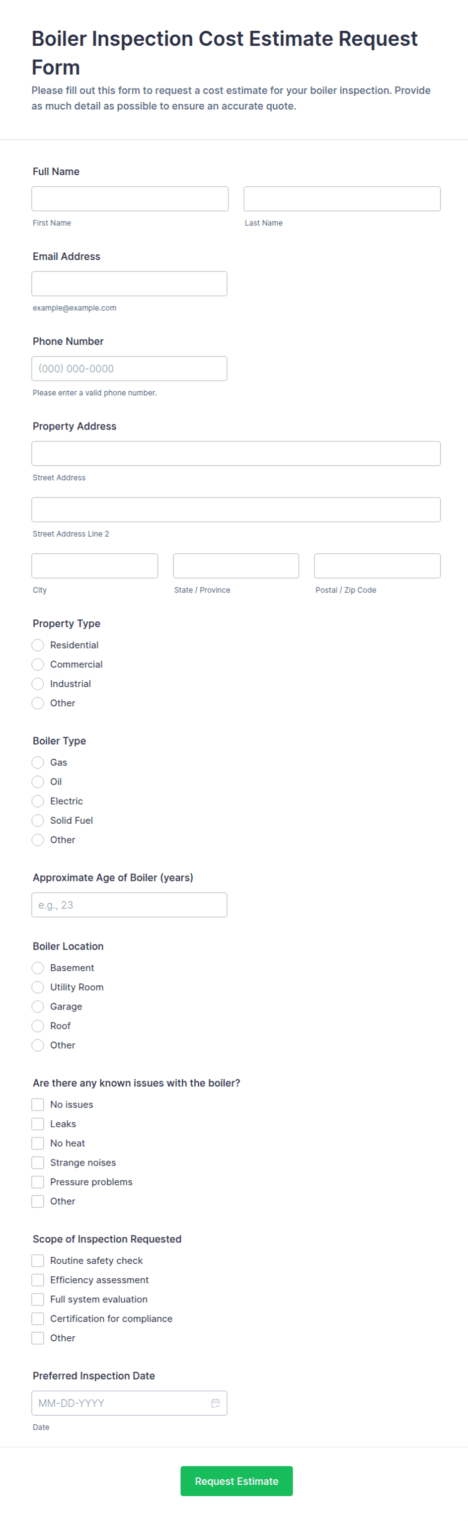 Boiler Inspection Cost Estimate Request Form Template | Jotform
