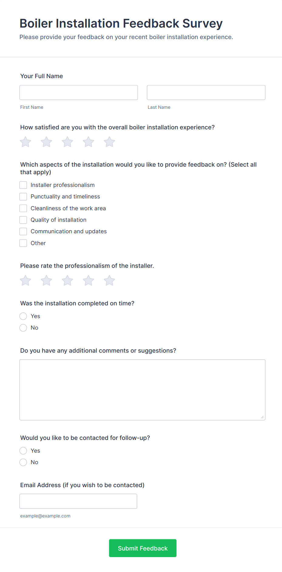 Boiler Installation Feedback Survey Form Template | Jotform