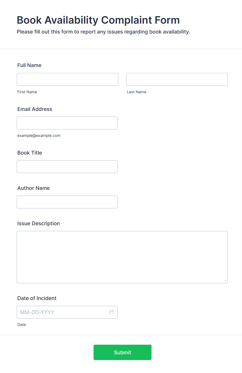 Book Availability Complaint Form Template | Jotform