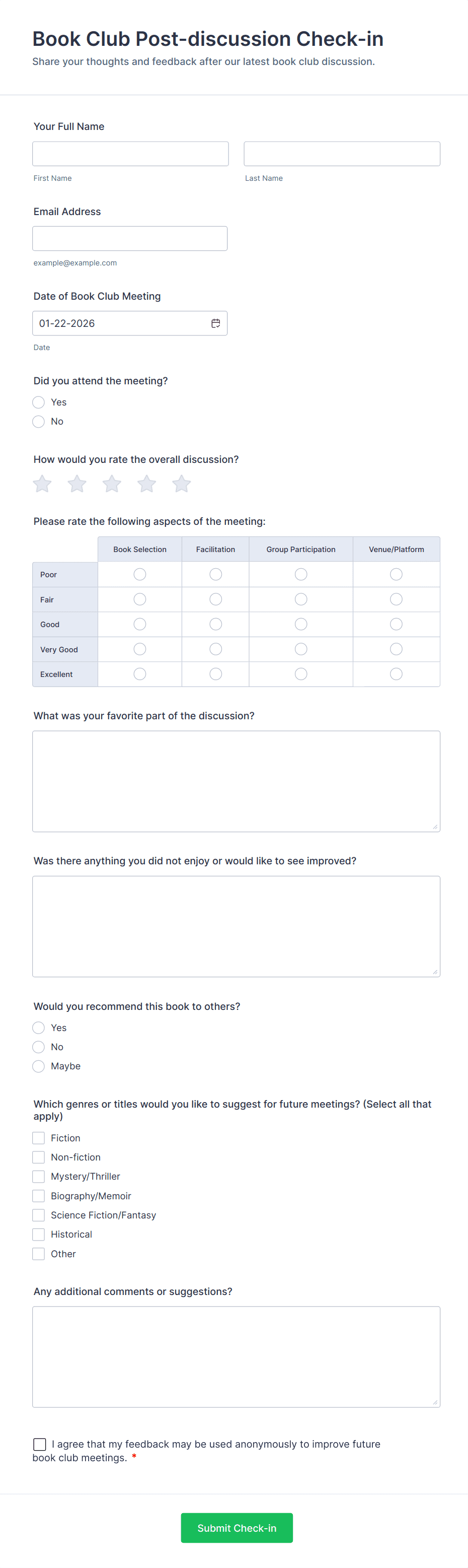 Book Club Post-discussion Check-in Form Template | Jotform