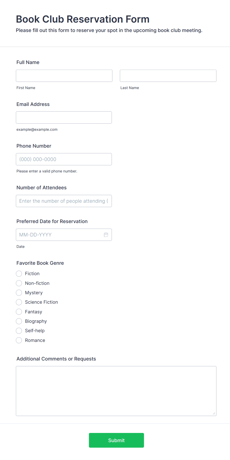 Book Club Reservation Form Template | Jotform