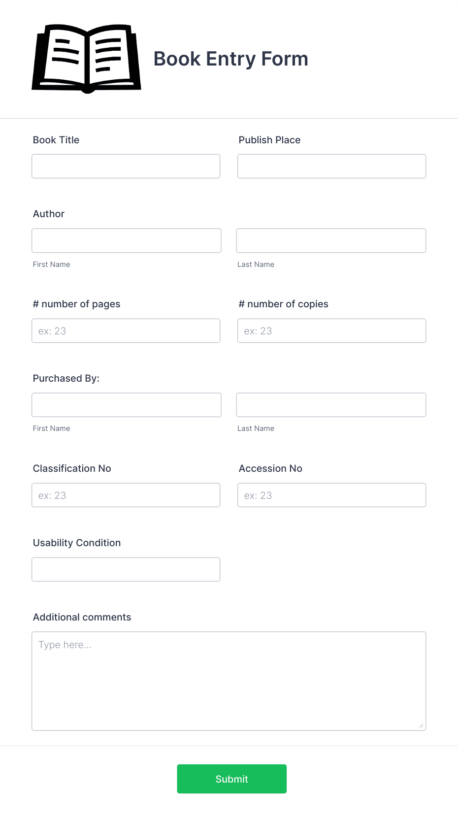 Book Entry Form Template | Jotform
