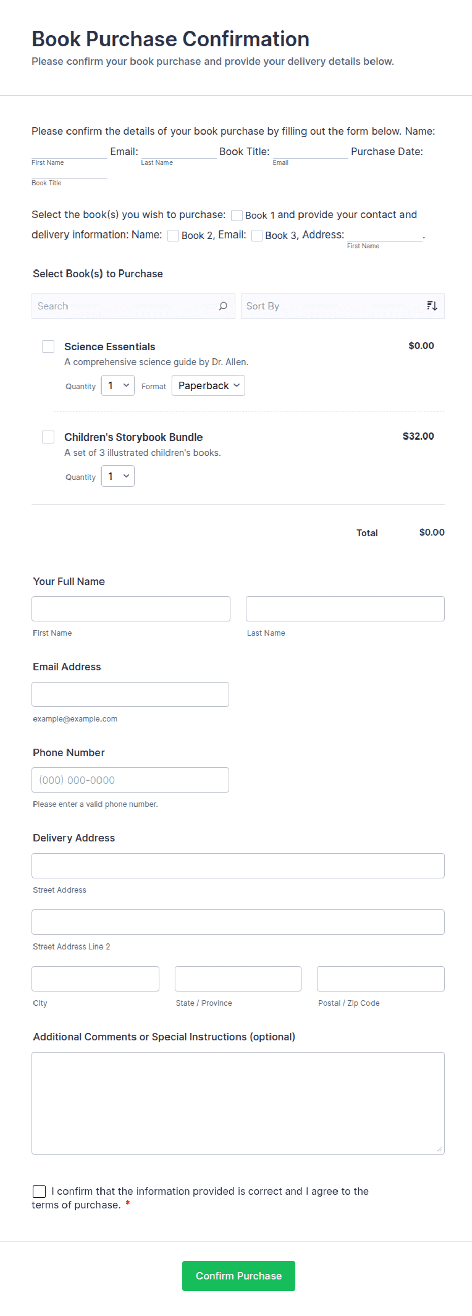 Book Purchase Confirmation Form Template | Jotform