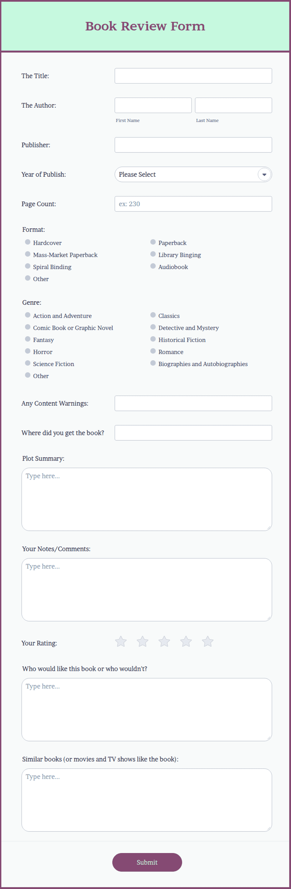 Book Review Form Template | Jotform