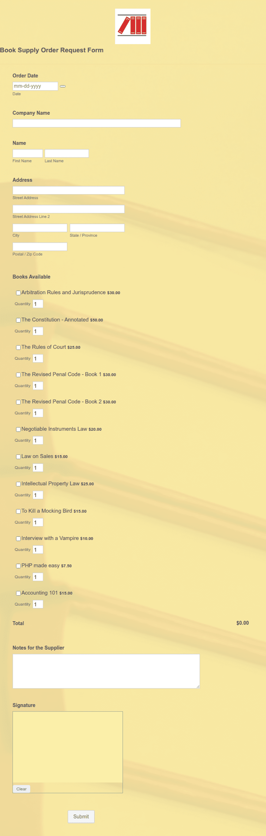 Book Supply Order Request Form Template | Jotform