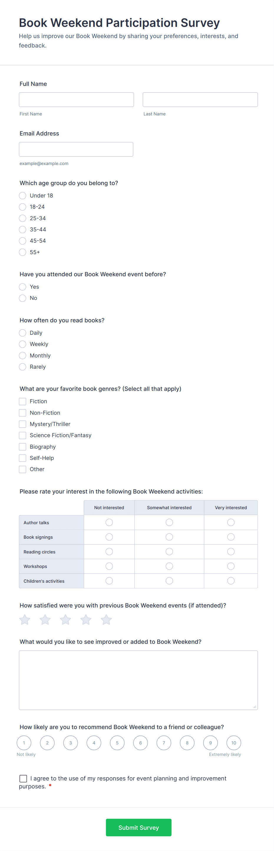 Book Weekend Participation Survey Form Template | Jotform