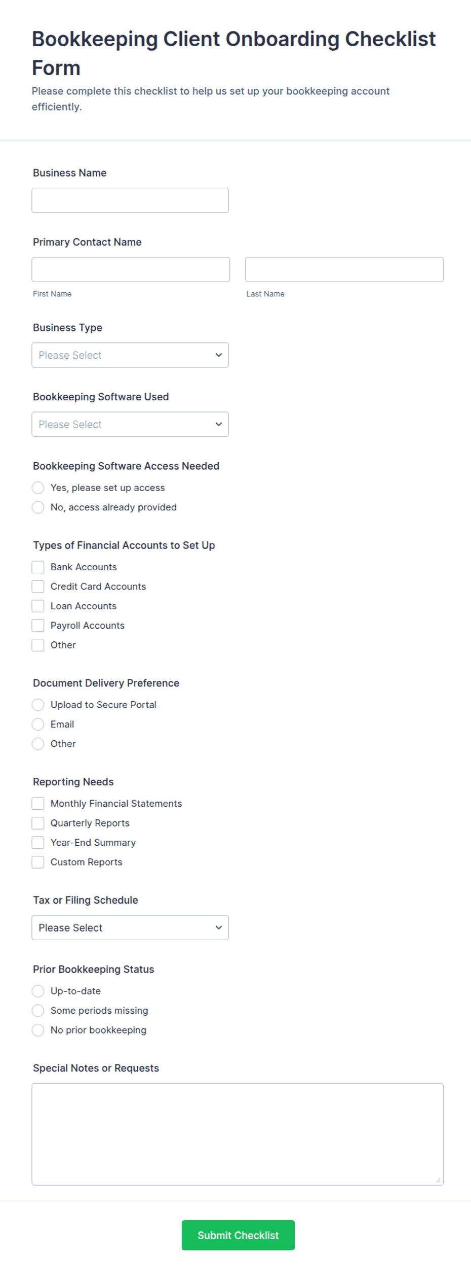 Bookkeeping Client Onboarding Checklist Form Template | Jotform