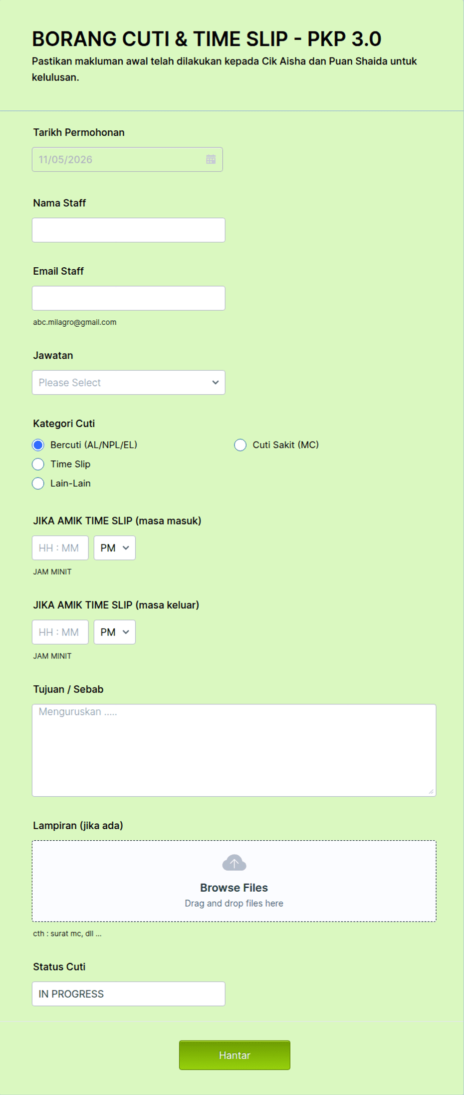 Borang Cuti PKP 3.0 Form Template | Jotform