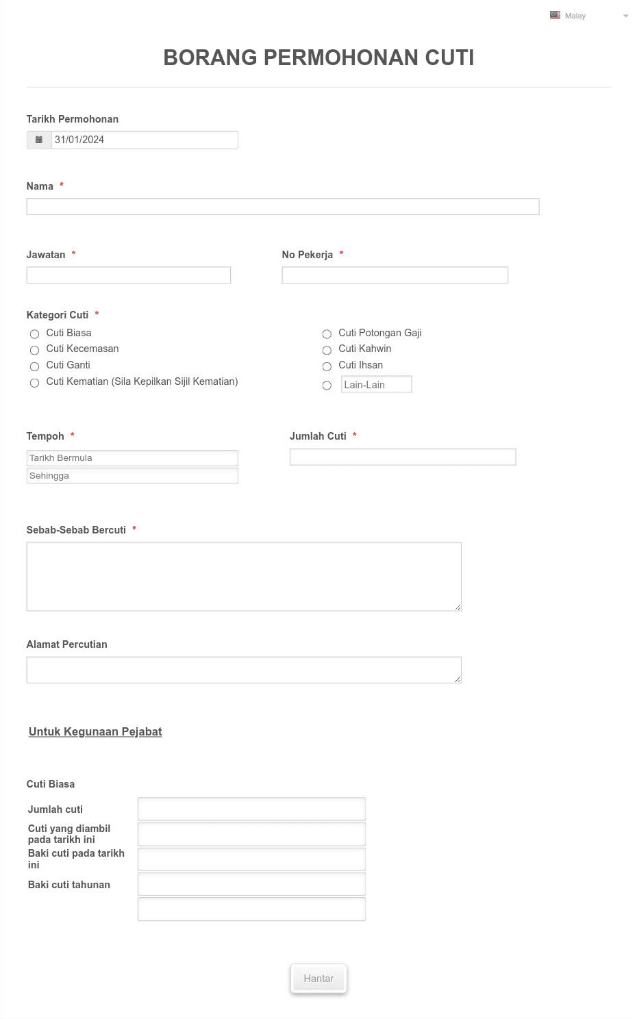Borang Cuti Form Template | Jotform