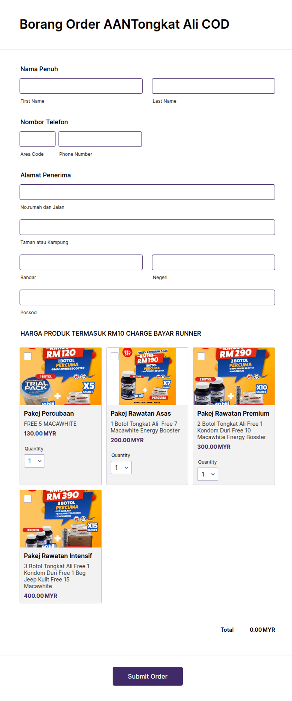 Borang Order AANTongkat Ali COD Form Template | Jotform