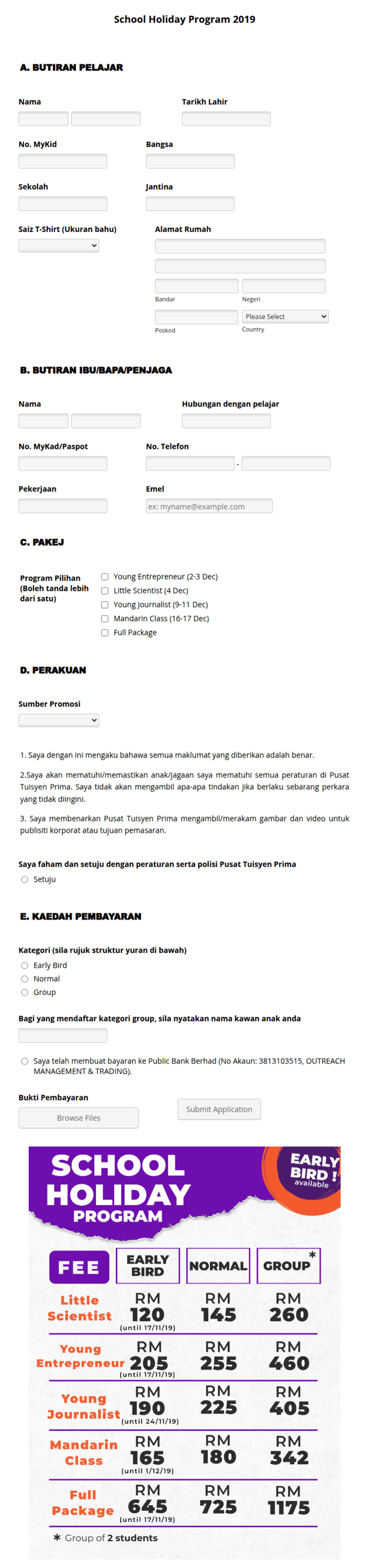 Borang Pendaftaran School Holiday Program 2019 Form Template | Jotform